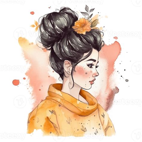 Messy Bun Holyday Black Hair Watercolor Art 23958375 Png