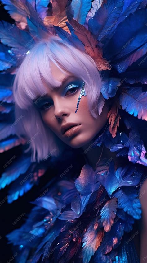 Premium Ai Image A Woman With Blue Eyes And A Purple Feathered Hair And A Blue Butterfly On