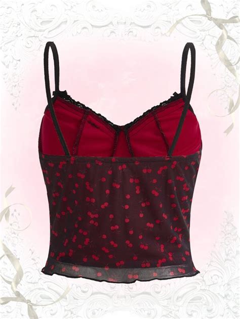 Romwe Cherry Print Contrast Lace Cami Top Shein Uk
