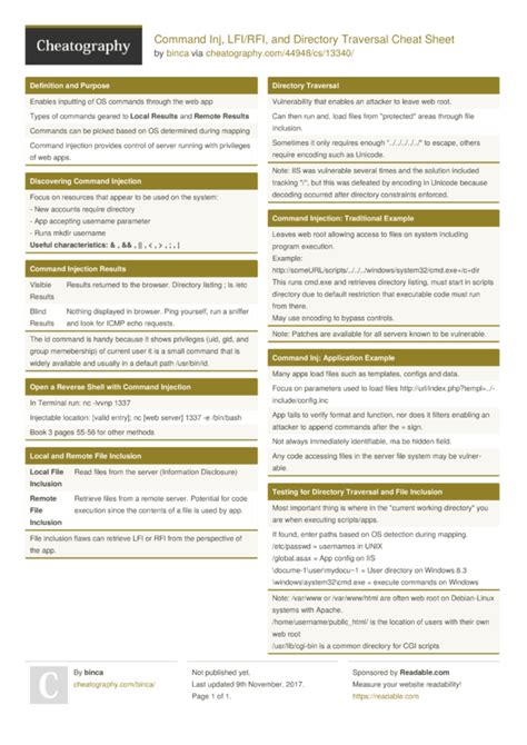 Command Inj LFI RFI And Directory Traversal Cheat Sheet By Binca Download Free From