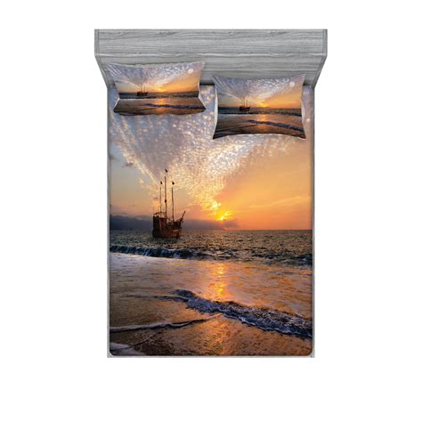 Nautical Bedding Set With Sheet And Covers Pirate Ship Sailing In Waves