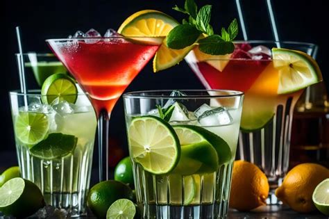 Premium Ai Image Fresh Cocktails With Ice Lemon Lime And Fruits
