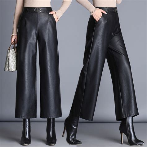 Pu Leather Nine Point Pants Wide Leg Trousers Fleece Black Pc Yyw