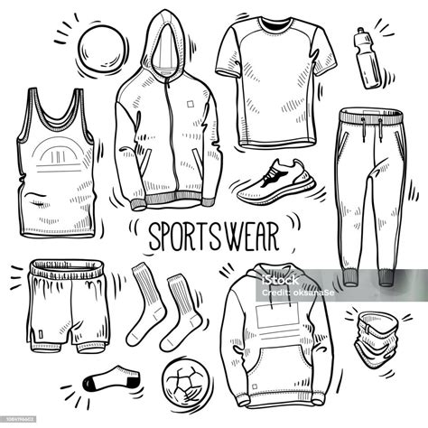 남자의 스포츠 스케치의 그려진된 세트 손 까마귀 운동복 조깅 반바지 티셔츠 탱크 탑 양말 물병 및 트레이너 T 셔츠에 대한 스톡 벡터 아트 및 기타 이미지 Istock