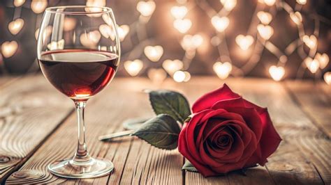 A Glass Of Wine And A Rose On A Table With A Rose In The Foreground