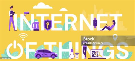 사물 의 인터넷 레터링 원격 제어와 만화 플랫 Iot 개념 Pc 자동차 집에 사용 가정 생활에 대한 스톡 벡터 아트 및 기타