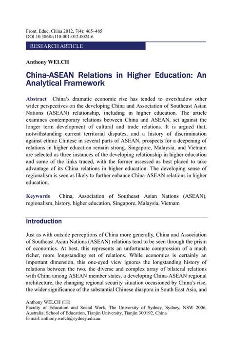 Pdf China Asean Relations In Higher Education An Analytical Framework