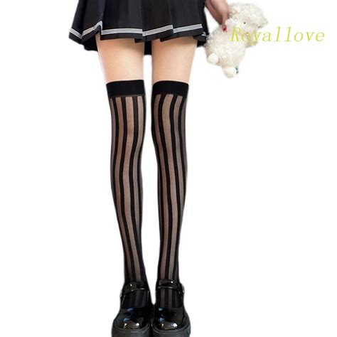 Royal Women Sheer Sexy Stockings Vertical Stripe Thigh High Stockings