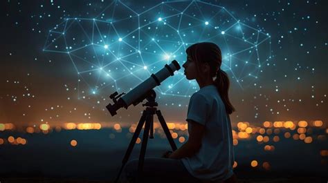 Girl Stargazing Through A Telescope At Night Premium Ai Generated Image