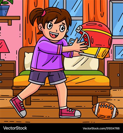 American Football Girl With Helmet Colored Cartoon