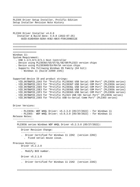 Pl23xx Driverinstallerv 408 Releasenote Pdf Device Driver