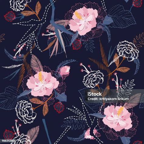 어두운 밤에 스케치 선 대시 패턴 원활한 벡터에 아름 다운 예술적인 열 대 꽃 패턴 기하 도형에 대한 스톡 벡터 아트 및 기타 이미지 기하 도형 꽃 식물 낙서 드로잉