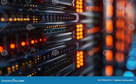 The Image Shows A Close Up Of A Server Rack With Blinking Lights Stock Photography
