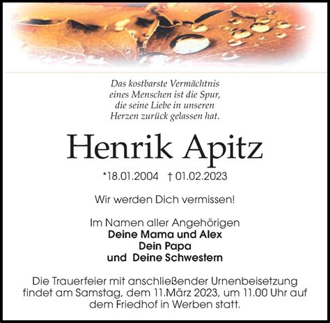 Traueranzeigen Von Henrik Apitz Trauer Anzeigen De
