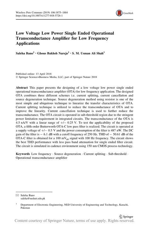 Low Voltage Low Power Single Ended Operational Transconductance