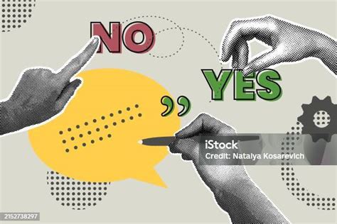 트렌디한 하프톤 비즈니스 컨셉 콜라주 계획 긍정적 및 부정적 결정 연구 사업 보고서의 그림 예 아니요 웹 배너 소셜 미디어