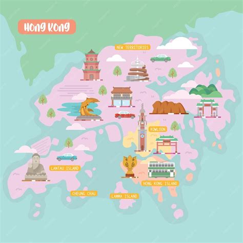 관광 명소 명소와 홍콩 벡터 지도 Op 프리미엄 벡터
