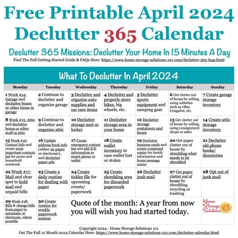 April Declutter 365 Calendar 15 Minute Daily Missions For Month In