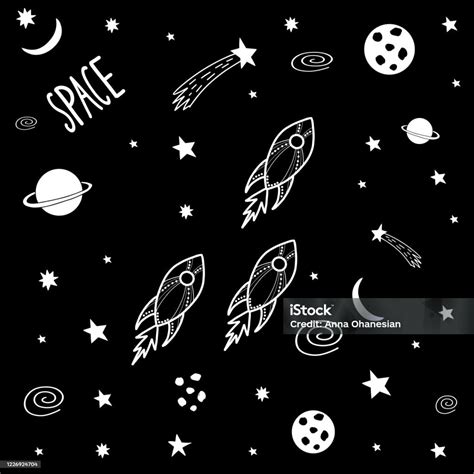 우주 공간에서 귀여운 만화 낙서 로켓 티셔츠 직물 종이에 인쇄할 수 있는 은하 패턴 벡터 스톡 일러스트레이션입니다 0명에 대한 스톡 벡터 아트 및 기타 이미지 Istock
