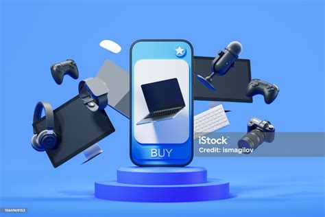 연단에 있는 스마트폰과 화면에 노트북 디지털 기기 온라인 쇼핑 3차원 형태에 대한 스톡 사진 및 기타 이미지 3차원 형태