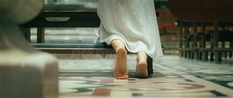 Woman Praying In Cathedral Church Crucifixion Of Jesus Christ And