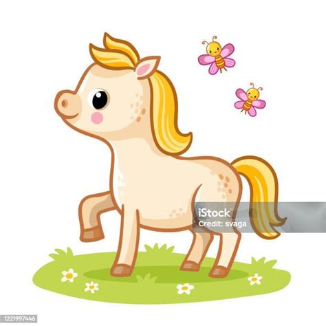 나비와 초원에 서 황금 갈기와 작은 귀여운 새끼 말이 있는 베톤 일러스트 갈기에 대한 스톡 벡터 아트 및 기타 이미지 갈기 귀여운 금색 Istock