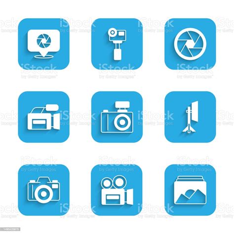 사진 카메라 레트로 시네마 프레임 스튜디오 전구 소프트박스 시네마 카메라 셔터 및 아이콘을 설정합니다 벡터 겉창에 대한 스톡 벡터 아트 및 기타 이미지 Istock