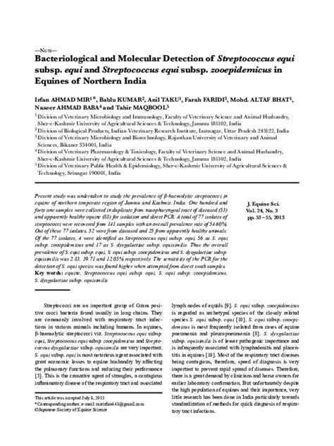 Pdf Bacteriological And Molecular Detection Of Streptococcus Equi Subsp Equi And