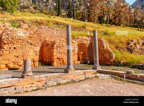 Columns In Delphi An Archaeological Site In Greece At The Mount Parnassus Delphi Is Famous By