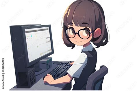 Asian Anime Female Computer Programmer White Background Very Attractive Copy Space Generative Ai