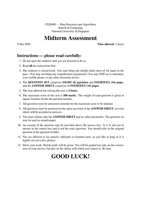 CS2040 S Midterm 2020 CS2040S Data Structures And Algorithms School