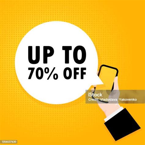 최대 70 할인 거품 텍스트와 스마트 폰 텍스트가 최대 70 할인된 포스터입니다 코믹 복고풍 스타일 전화 앱 음성 거품 벡터 Eps 10 백그라운드에서 격리 70에 대한