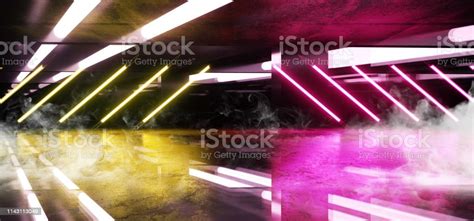 연기 네온 형광 레이저 Led 환각 차고 우아한 미래 지향적 인 공상 과학 소설 현대 어두운 빈 방 Led 조명과 보라색과