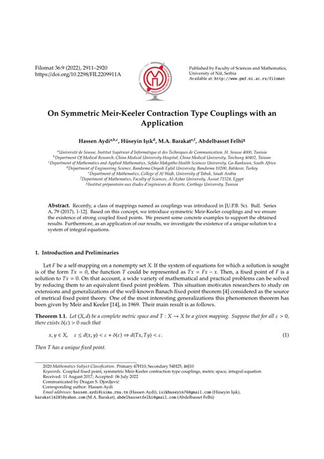 Pdf On Symmetric Meir Keeler Contraction Type Couplings