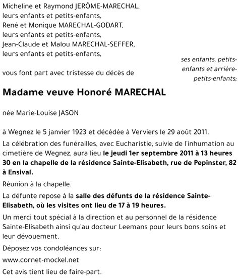 Avis De Décès De Marie Louise Jason Décédé Le 29082011 à Verviers