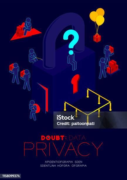 의심 데이터 개인 정보 보호 문제 개념 남자 그림 물음표 머리 앉아 아이소메트릭 잠금 및 해커 중 극 교통 장벽 은 파란색 배경에 데이터 일러스트 포스터 및 배너 디자인을