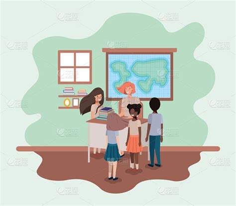 教室女性教师男孩教科书书室内书桌座位