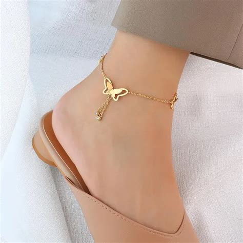 Dropship Titanium Steel Butterfly Tassel Naked Anklet Korean Female
