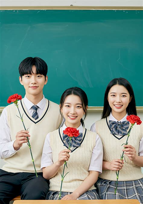 스승의 날을 기념하여 교실에서 빨간 카네이션을 들고 칠판을 배경으로 웃고 있는 학생들 유토이미지 상세페이지 베이직샵 사진 22927623