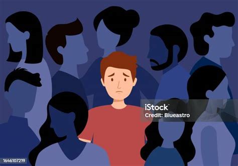 슬픈 남자는 플랫 디자인으로 군중 속에서 외로움을 느낀다 불행한 독특한 사람 군중 속의 외로움 군중에 대한 스톡 벡터 아트 및 기타 이미지 Istock