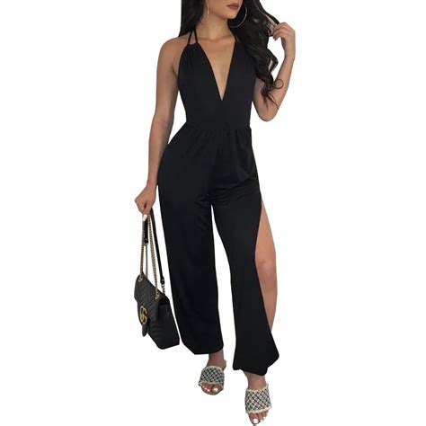 Casual Solid Loose Jumpsuit Women Sexy Backless Deep V Neck Female Body