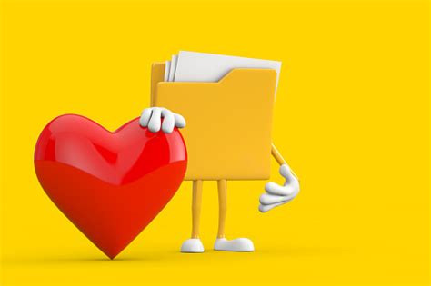 노란색 폴더 아이콘 만화 사람 캐릭터 마스코트 빨간 하트 3d 렌더링 3차원 형태에 대한 스톡 사진 및 기타 이미지 3차원