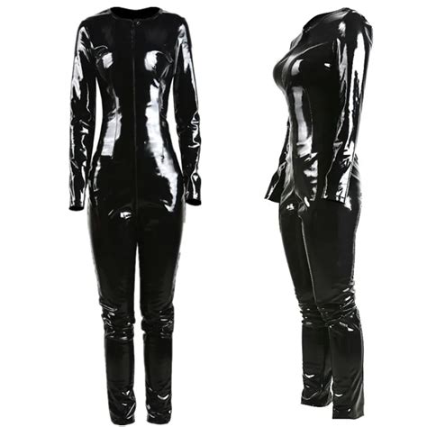 2018 Hot Black Pvc Latex Wet Look Bodysuits Long Sleeves Front Zipper