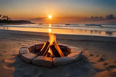Premium Ai Image A Fire Pit On A Beach At Sunset