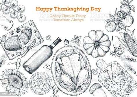 추수 감사절 음식 배너 디자인 추수 감사절 그림 음식 손으로 그린 스케치 칠면조와 축제 저녁 식사 가을 음식 스케치 새겨진 이미지입니다 벡터 추수 감사절 배경 가을에 대한