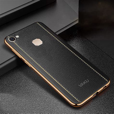 Vaku Vivo V Plus Vertical Leather Stitched Gold Electroplated Soft Tpu Back Cover V Plus