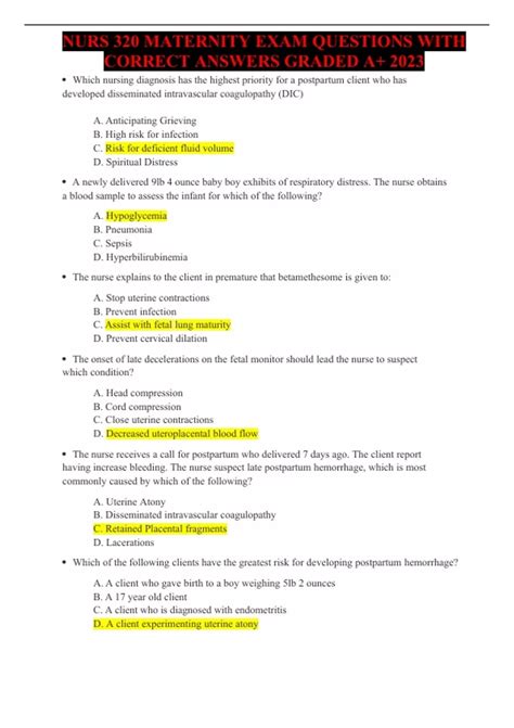 Nurs 320 Maternity Exam Questions With Correct Answers Graded A 2023