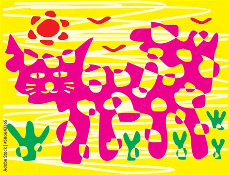 Fantasy Cartoon Funny Cat In Purple Tones On A Yellow Background In A