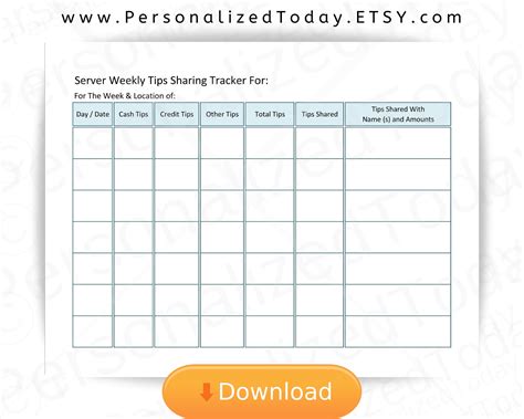 Server Tips Tracker Sheet For Tip Sharing Pdf Digital Download Us Letter Size Download Now Etsy