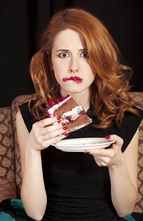 Redhead Girl Secretly Eating Cake Stock Image Image Of Background